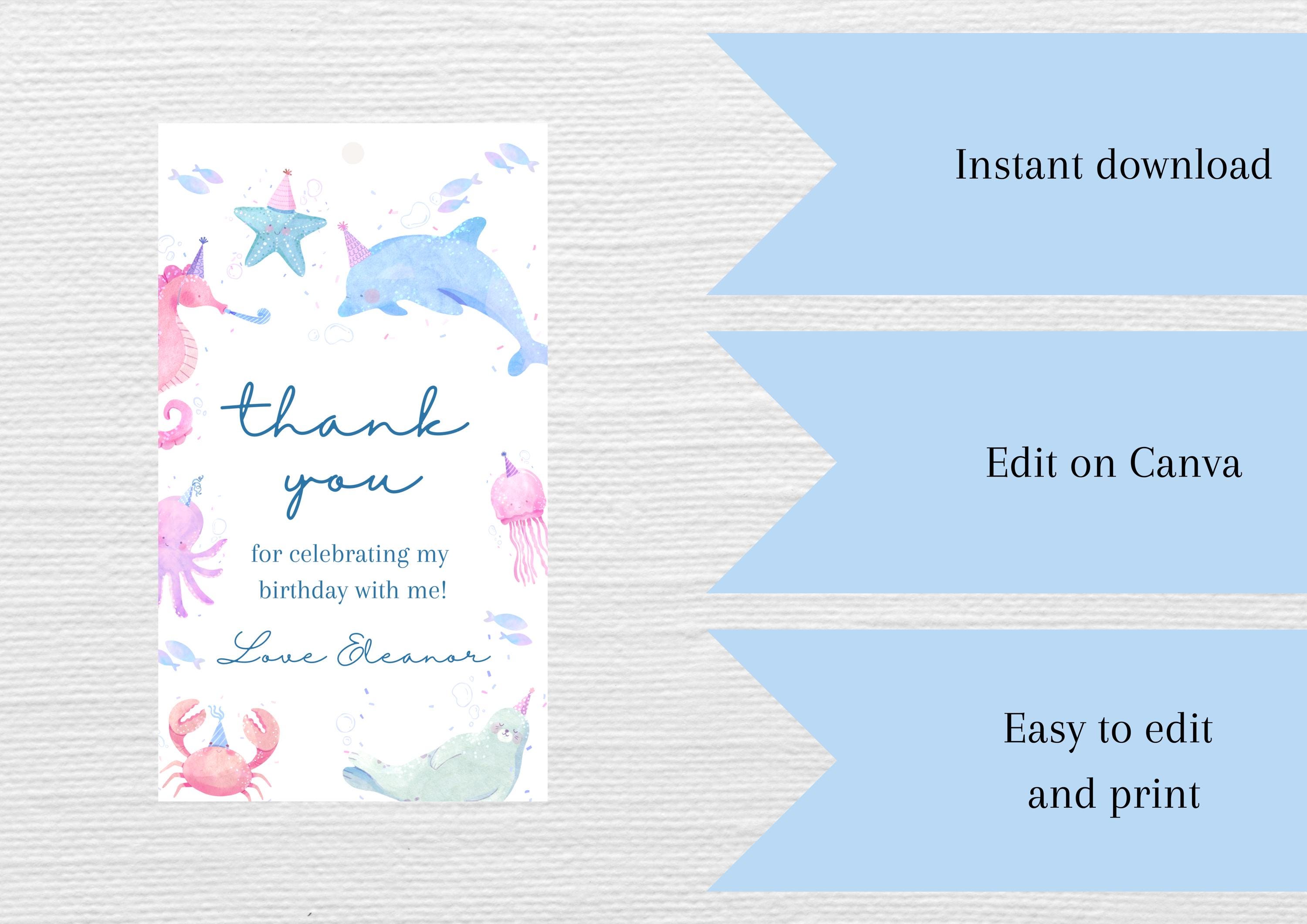 Under the Sea Birthday Thank You Tag Printable, Under the Sea Editable ...