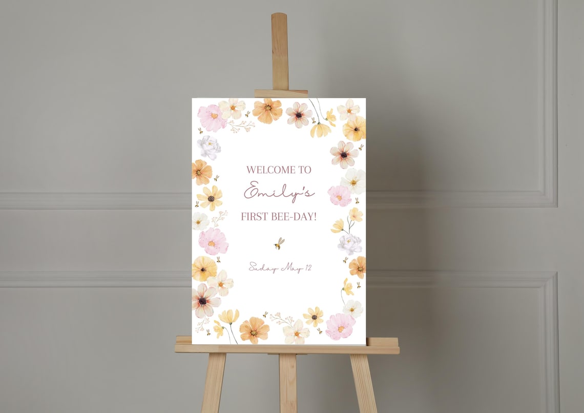 First Bee-day Welcome Sign Printable, First Bee-day Editable Template ...