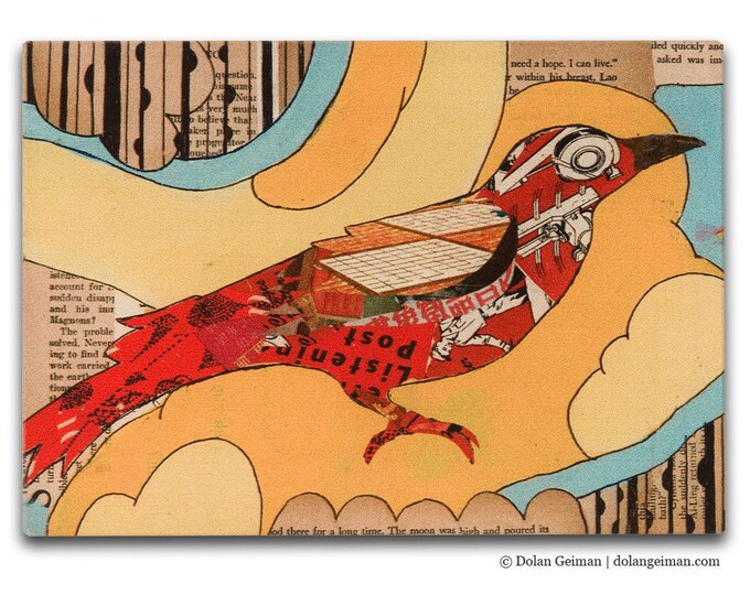 Bright Red Bird Collage Print on Wood - Etsy