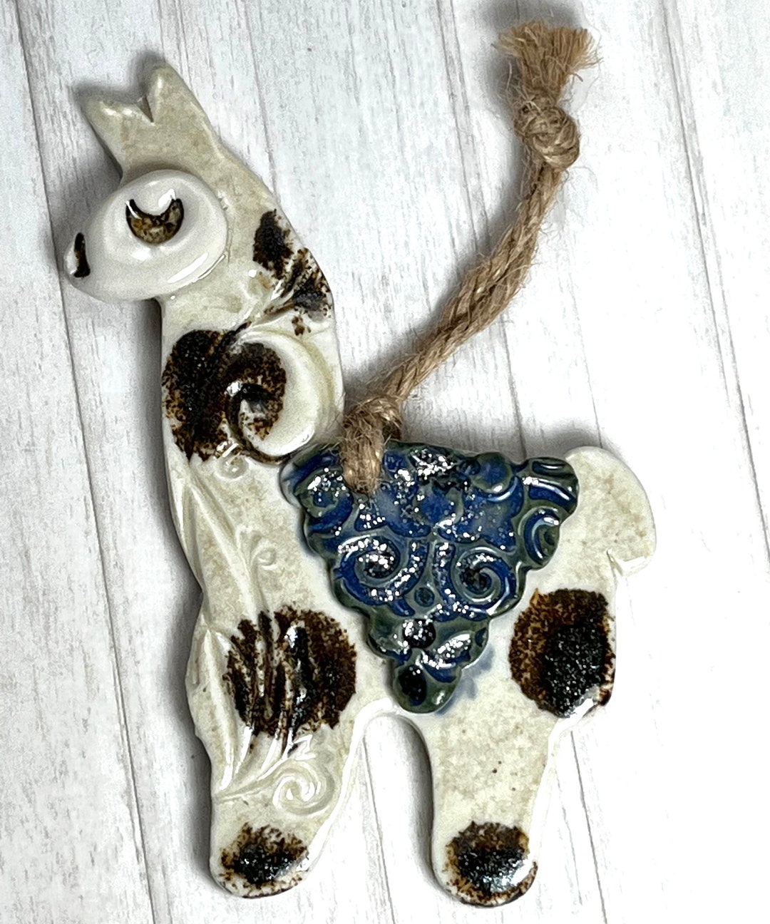 Beautiful Pottery Llama Alpaca Ornament Ivory Blue by Sweetpea Cottage ...