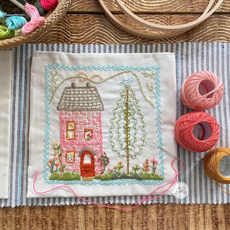 The Pink House Embroidery Sampler on a Cotton Panel to Stitch - Etsy