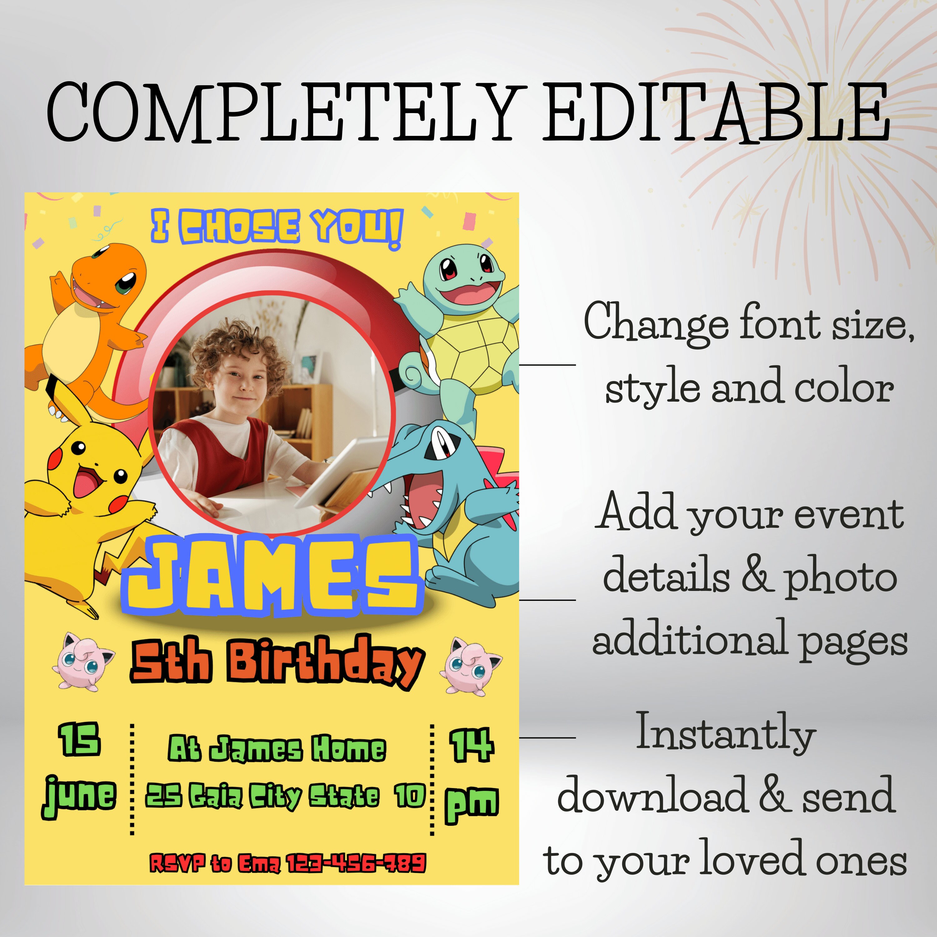 Editable Pokemon Birthday Invitation, Pikachu Birthday Party Invite ...