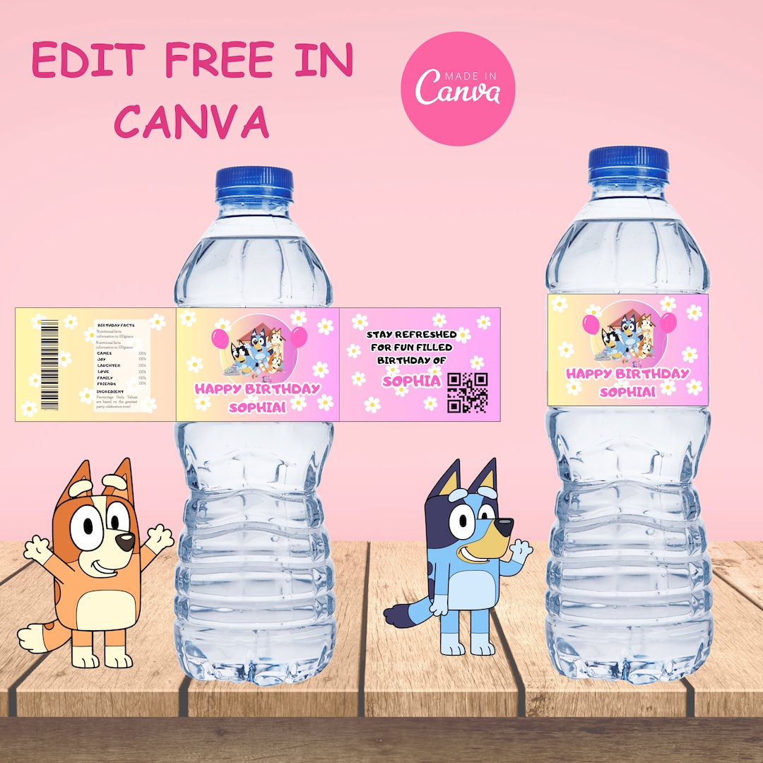 Editable Bluey Water Bottle Label, Blue Dog Bottle Party Favors for ...