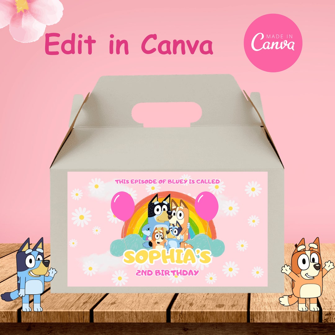 Editable Bluey Gable Box Favor Label for Girl, Blue Dog Party Favor Box ...