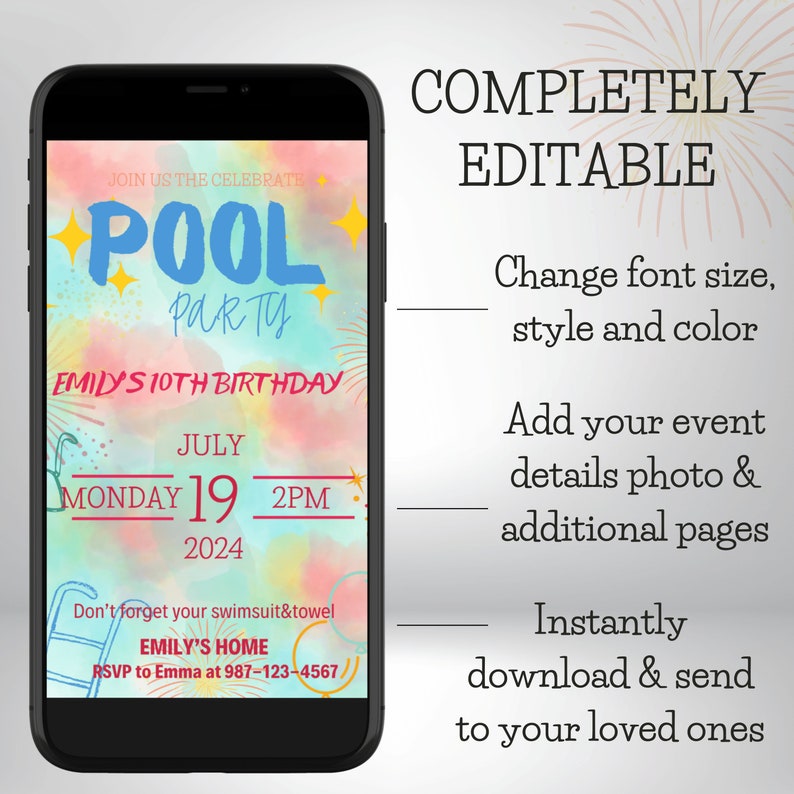Pool Party Digital Invitation, Girls Swim Party Invite, Editable ...