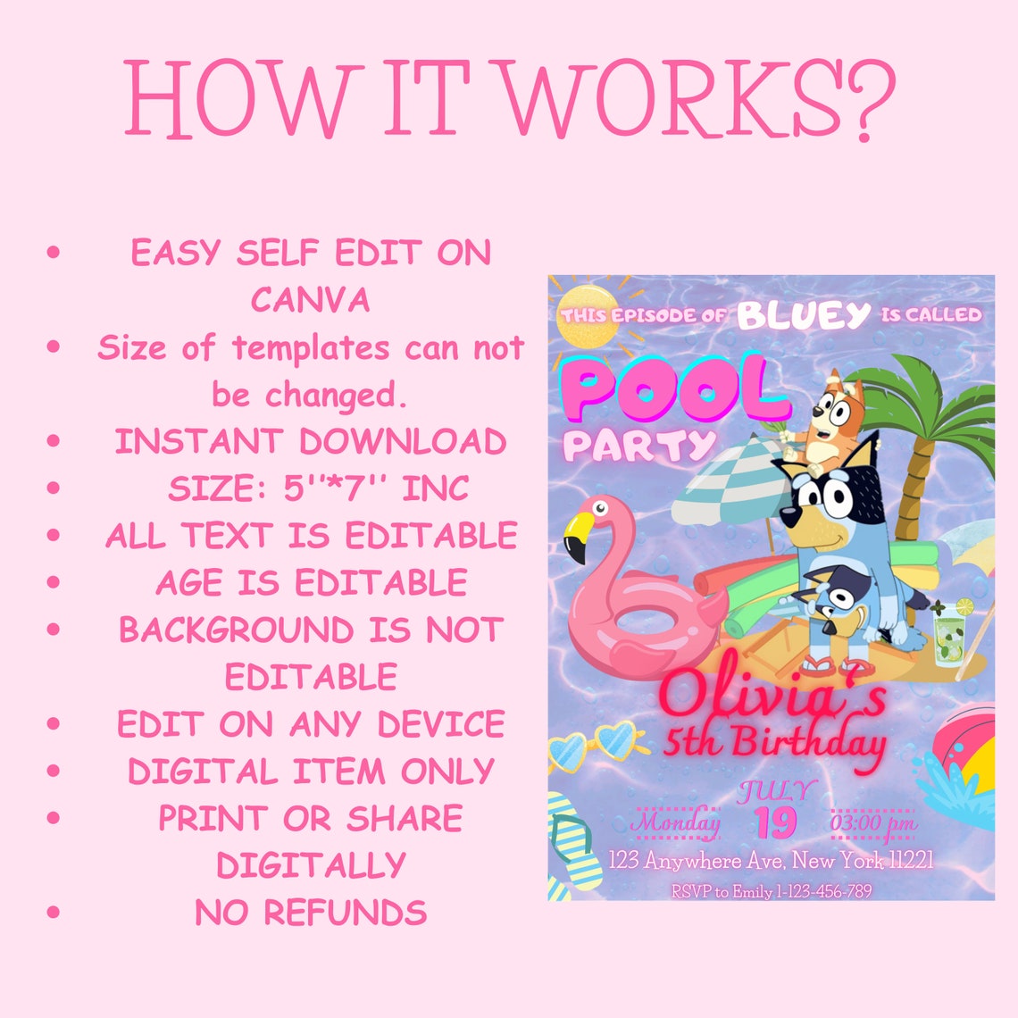 Editable Bluey Pool Birthday Party Invitation, Bluey and Bingo Summer ...