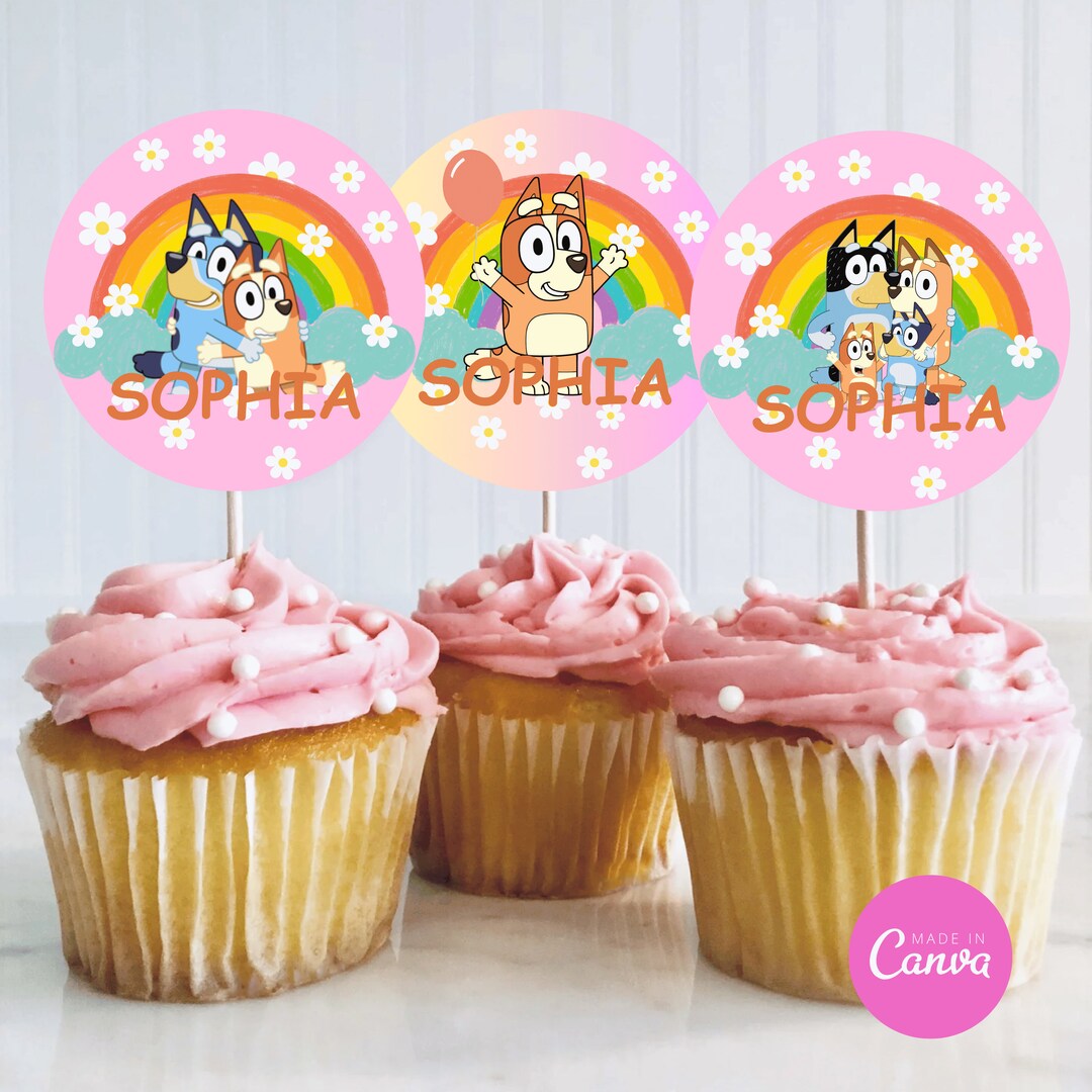 Editable Bluey Cupcake Toppers, Blue Dog Theme Girls Birthday Party ...