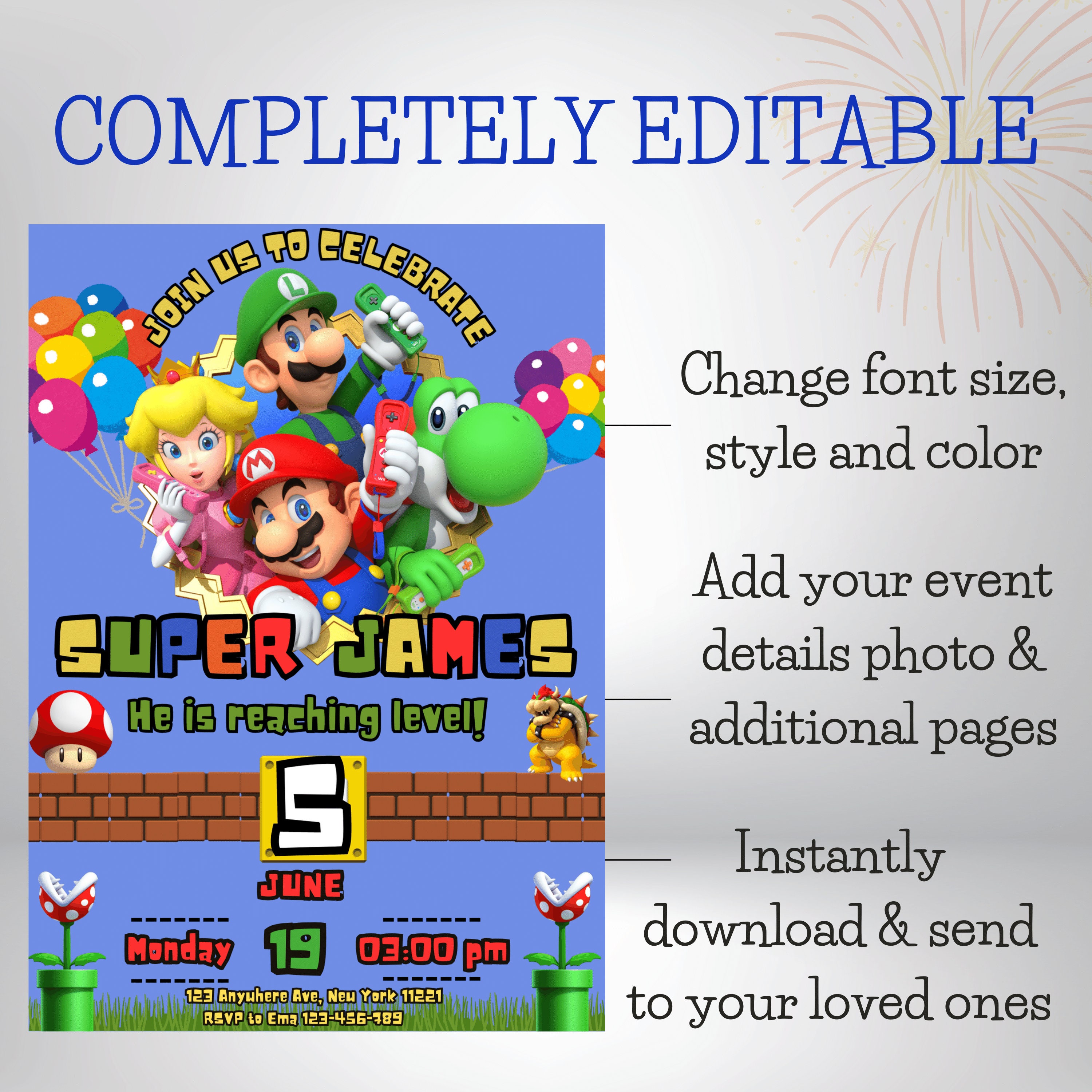 Editable Super Mario Birthday Invitation, Mario Bros Invite, Super ...