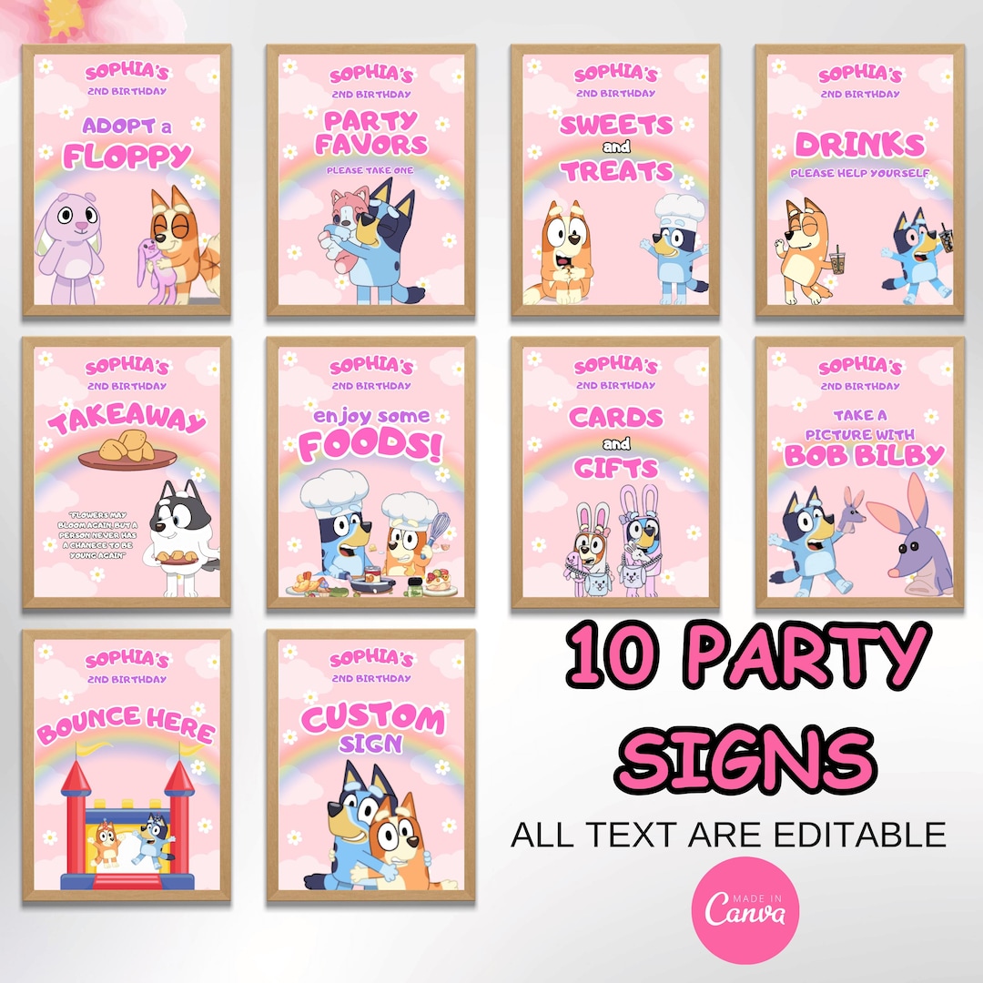 Editable Bluey Girl Party Signs Bundle,blue Dog Birthday Signs Bundle ...