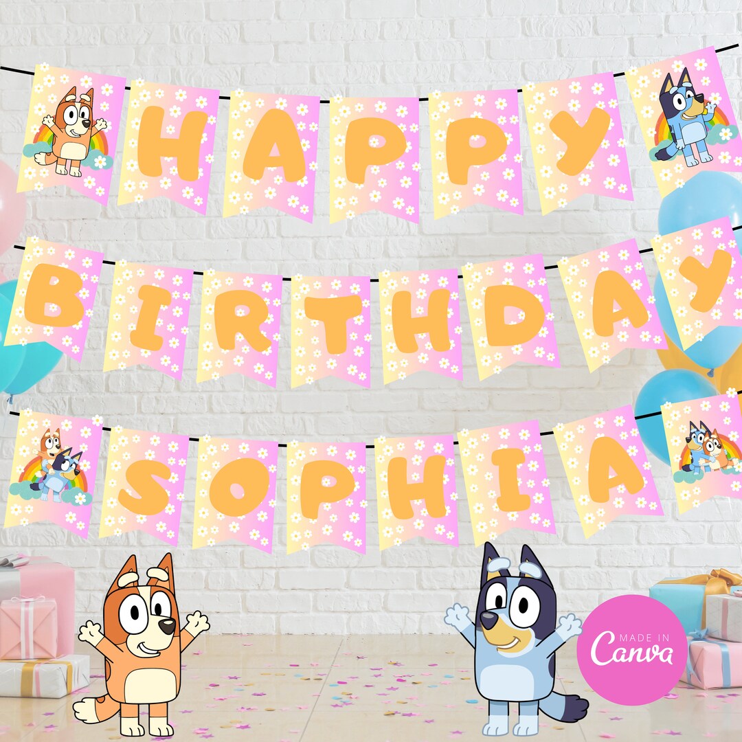Editable Bluey Birthday Banner for Girl, Blue Dog Banner Party ...