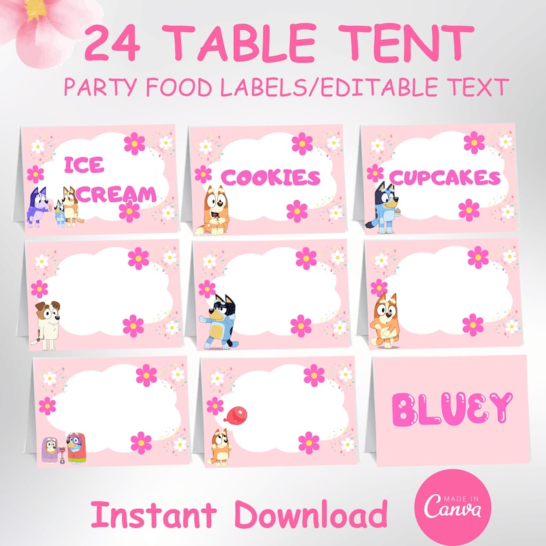 24 Girl Editable Bluey Birthday Party Food Tent,bluey and Bingo Party ...