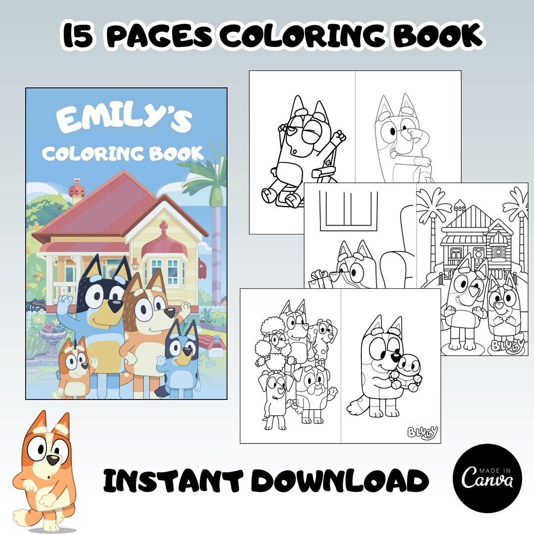 15 Page Bluey Coloring Book for Kids,blue and Bingo Coloring Activity ...
