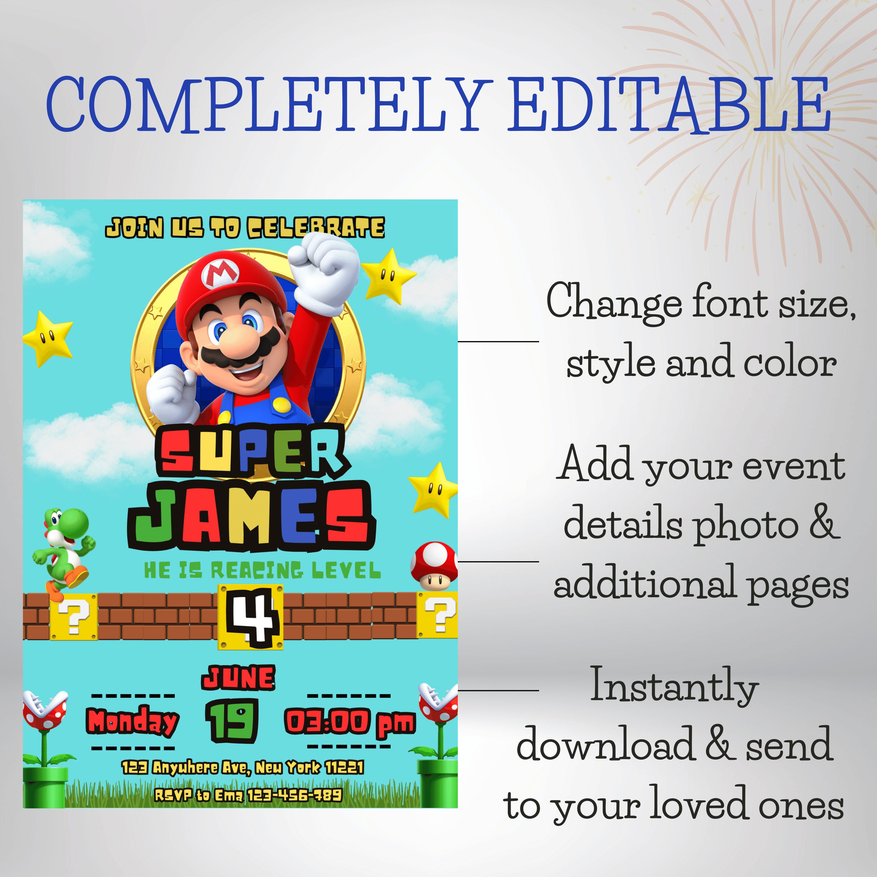 Mario Bros Birthday Invitation, Super Mario Party Invitation, Editable ...