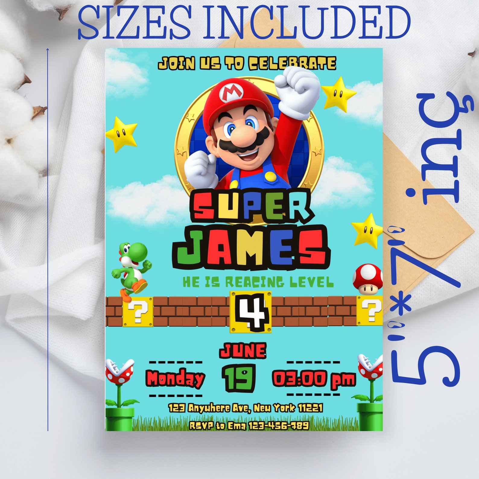 Mario Bros Birthday Invitation, Super Mario Party Invitation, Editable ...