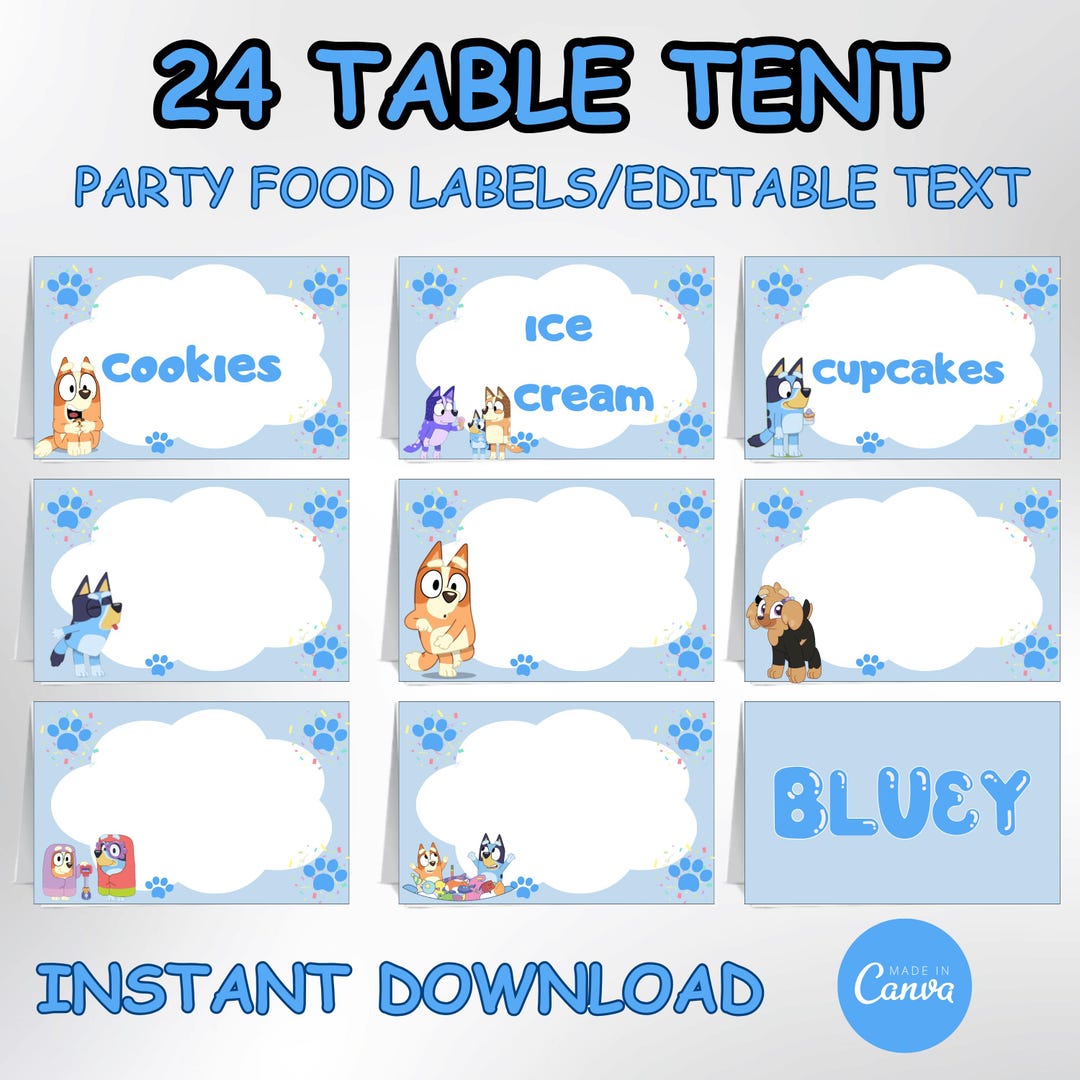 24 Boy Editable Bluey Birthday Party Food Tent,bluey Table Tent ...