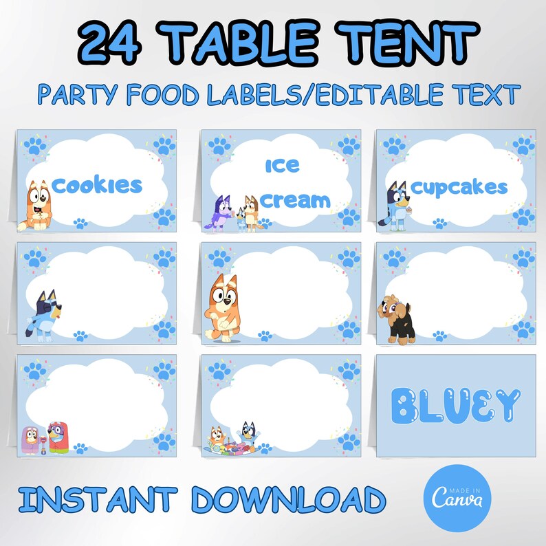 24 Boy Editable Bluey Birthday Party Food Tent,bluey Table Tent ...