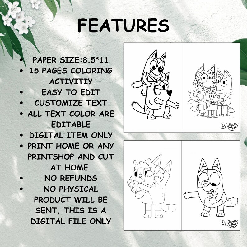 15 Page Bluey Coloring Book for Kids,blue and Bingo Coloring Activity ...
