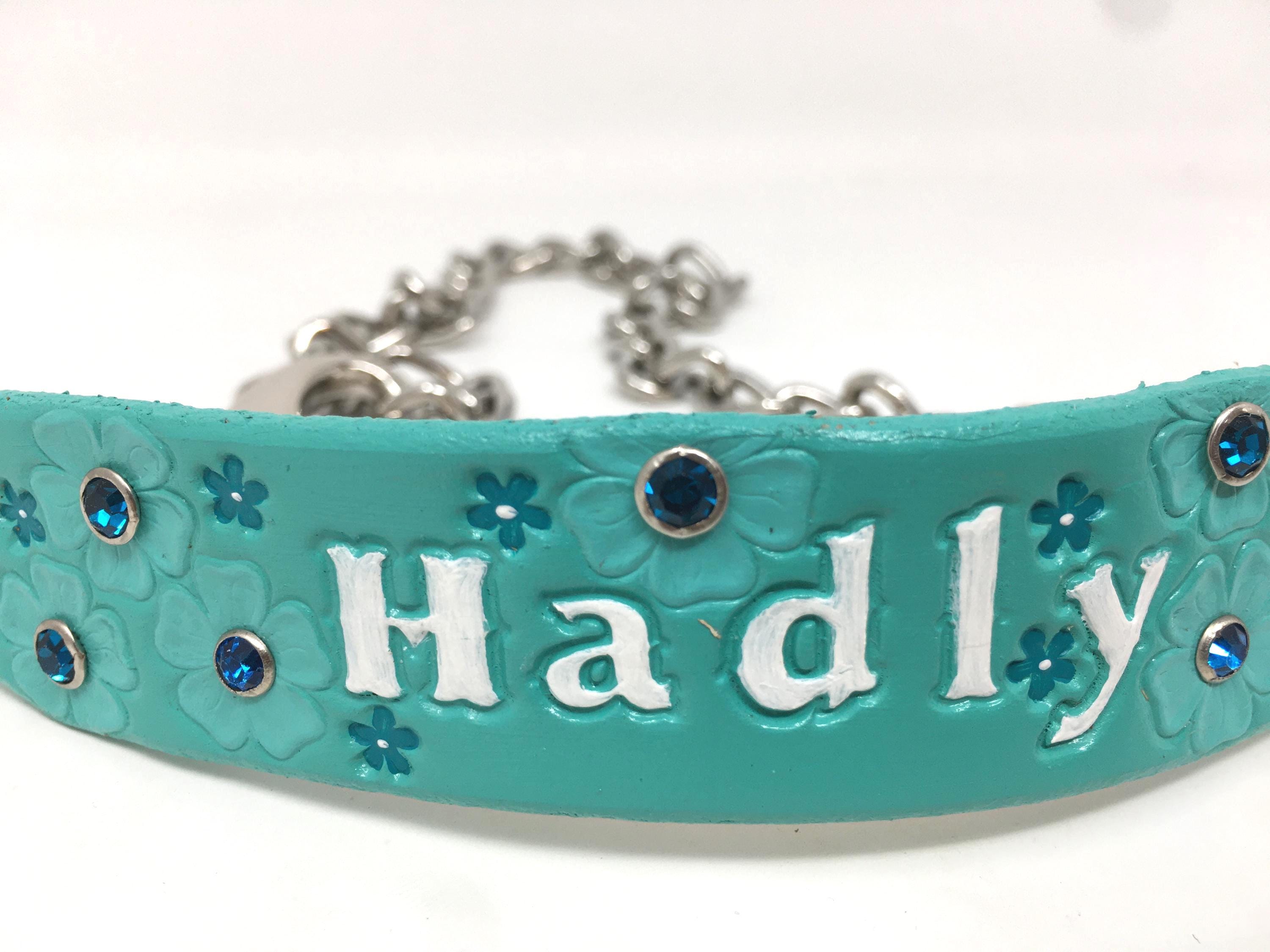 Personalized Blue Leather Goat Show Collar With Rhinestone Flowers and ...