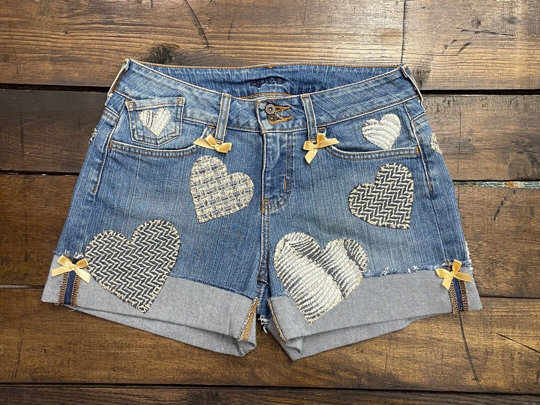 Boho Shabby Chic Jean Shorts Reworked With Hearts & Bows, Festival Wear ...