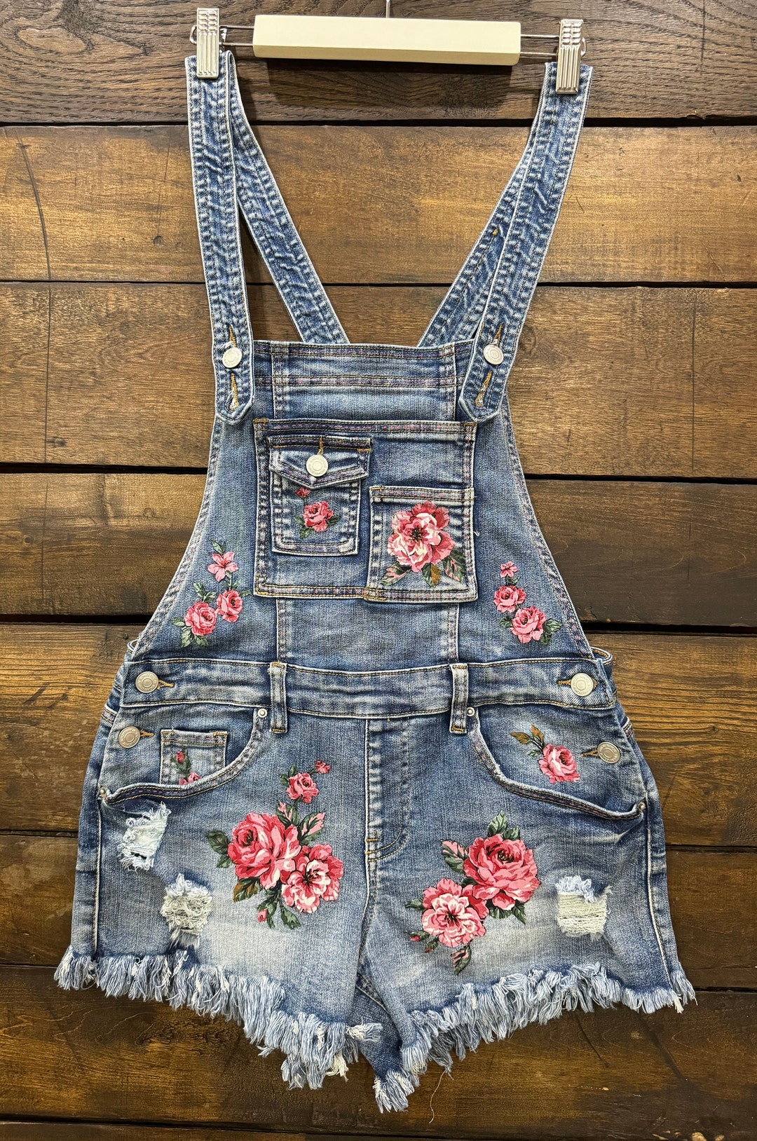 Upcycled Floral Distressed Denim Boho Shabby Chic Jean Overall Shorts ...