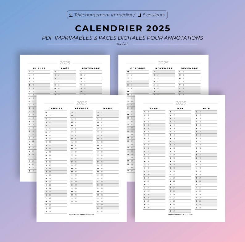 Printable 2025 Annual Calendar in French, Yearly Overview, Year at a ...