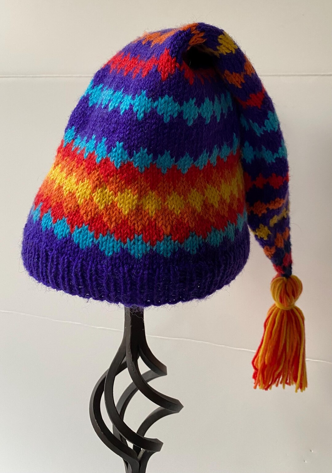Harlequin Stocking Cap Handknit in Acrylic Yarn - 16" Diameter - FREE ...