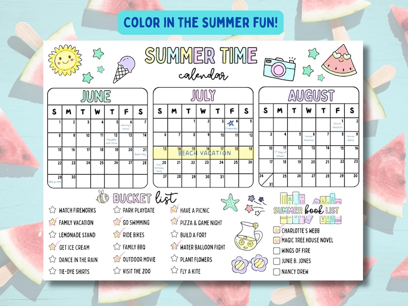 Editable Summer Calendar Poster Printable Summer Fun Bucket List Family ...