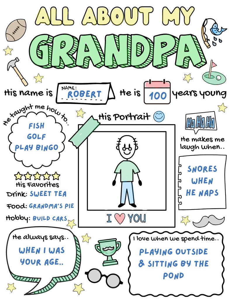 Grandpa Questionnaire Printable: Grandparents Day Gift, Kids Coloring ...