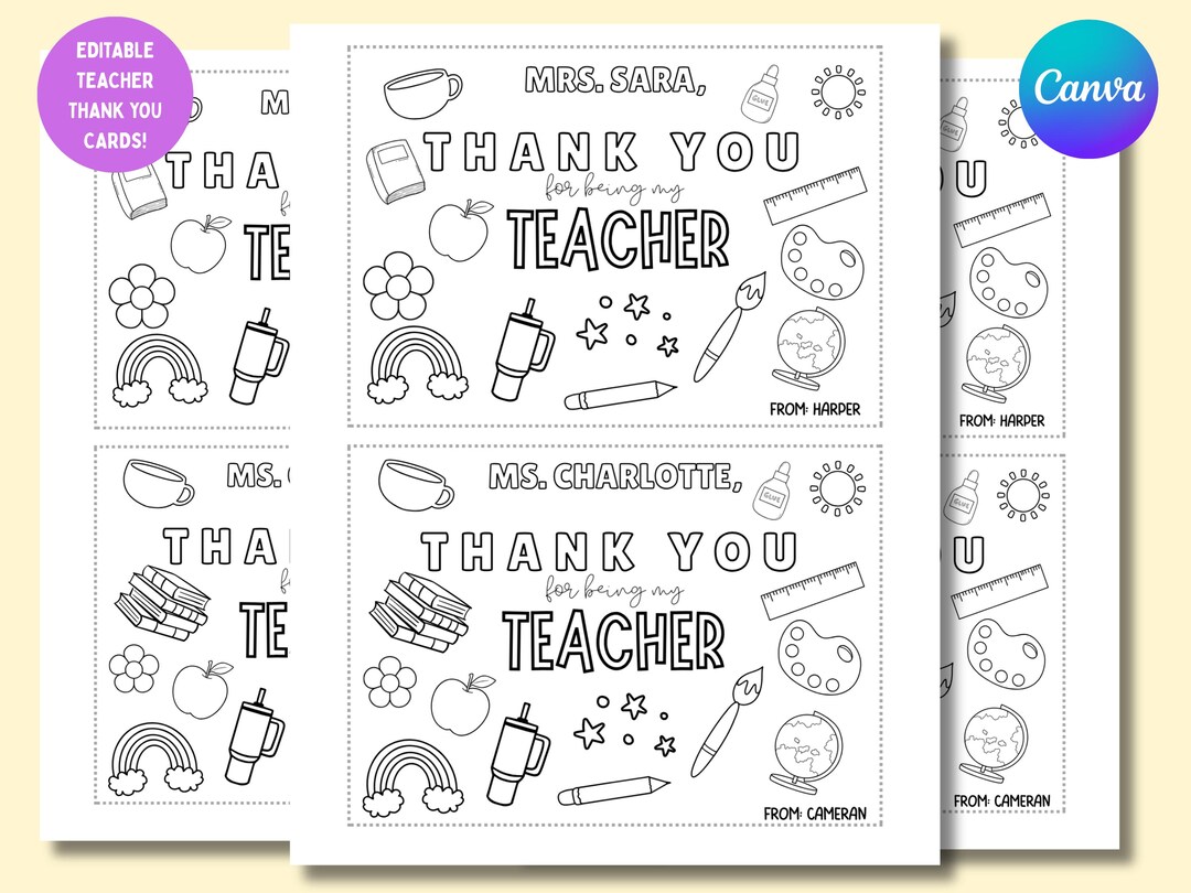 Teacher Appreciation Coloring Card: Editable Thank You Template ...