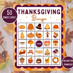 Thanksgiving Bingo: 50 Printable Cards, Fall Activity, Thanksgiving ...