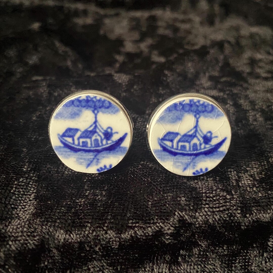 Late-victorian “willow Pattern” Boat Ceramic Sherd Cufflinks - Etsy