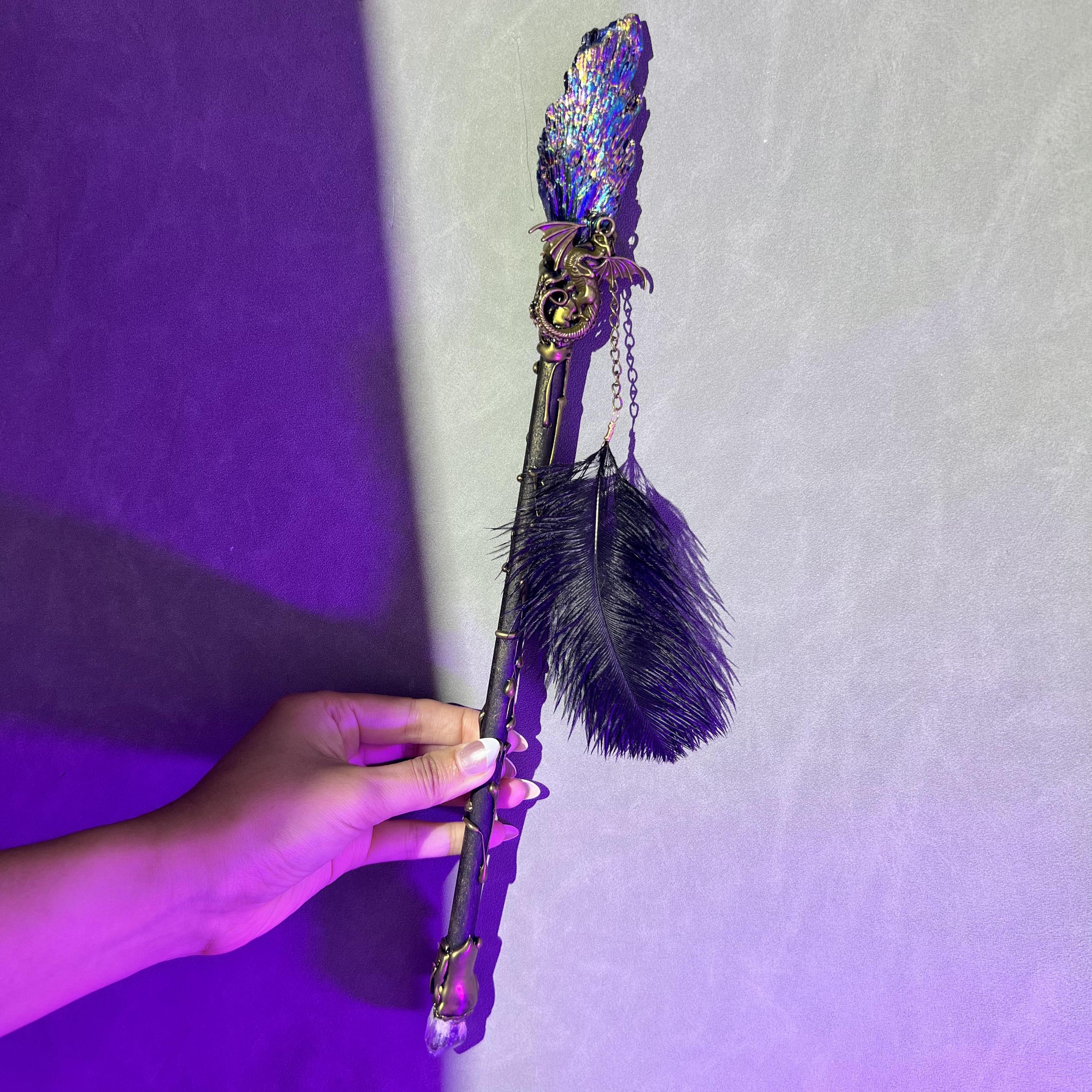 Rainbow Aura Black Tourmaline Wand: Dragon Charm & Feathers - Etsy