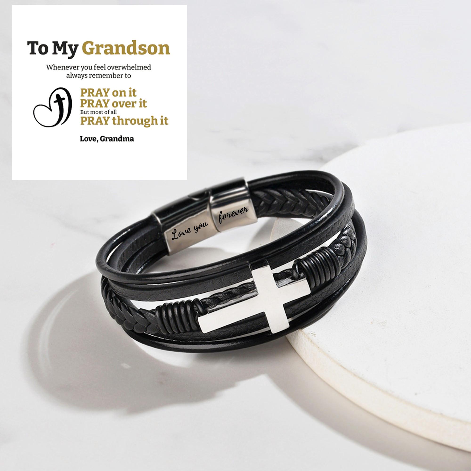 Grandson Leather Cross Bracelet: Personalized Men's Gift - Etsy
