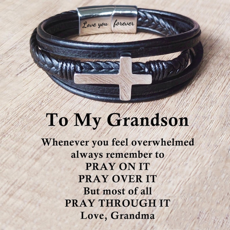 Grandson Leather Cross Bracelet: Personalized Men's Gift - Etsy