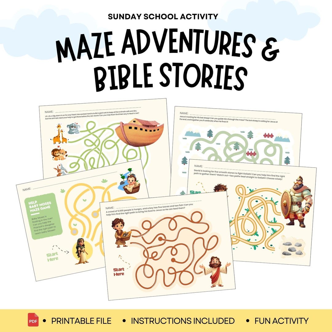 5 Bible Maze Activity Pages and 5 Stories With Review Questions Bundle ...