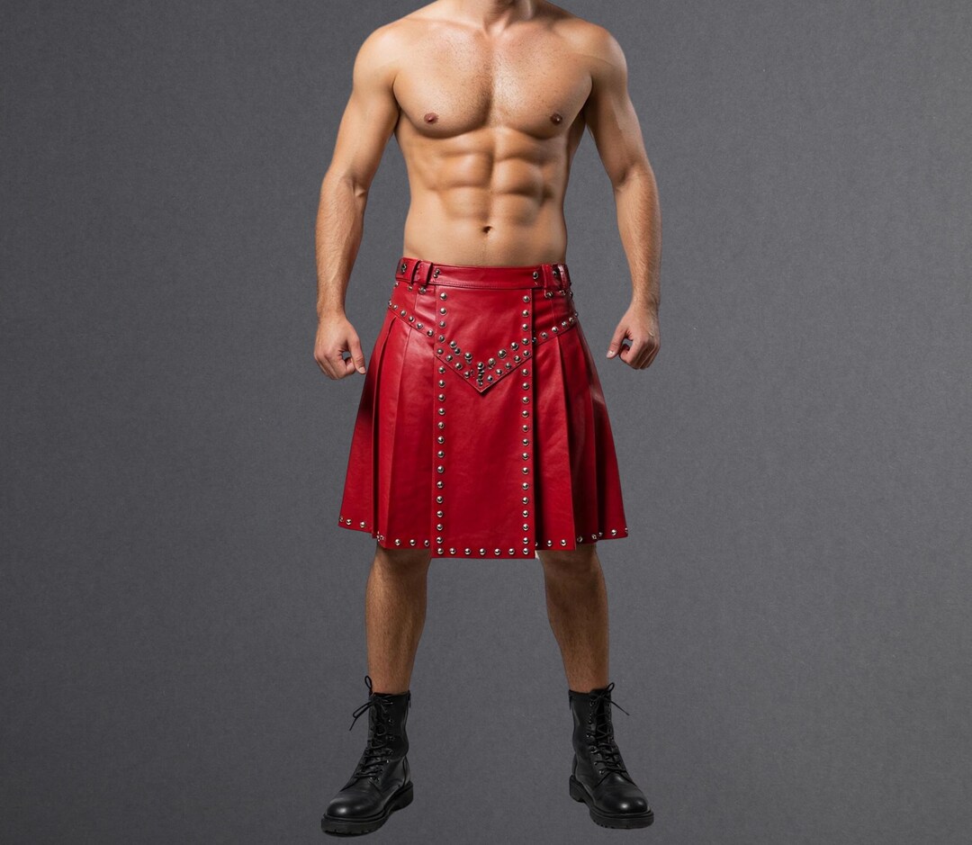 Leather Hybrid Kilt Hand Made Mens Genuine Red Cow Leather Kilt Hand ...