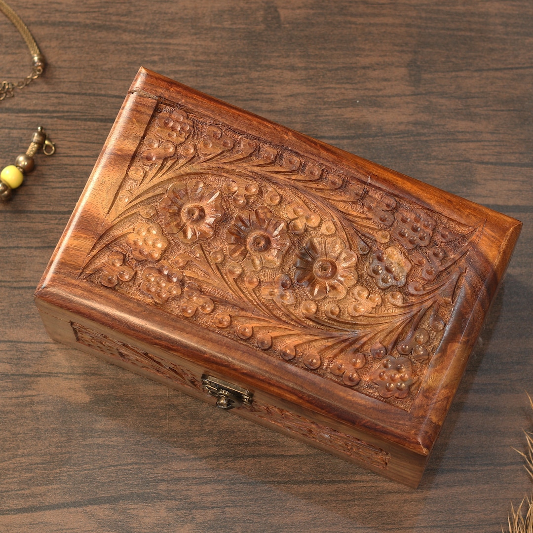 Handmade Wooden Engraved Box With Hinged Lid - Wooden Storage Box for ...