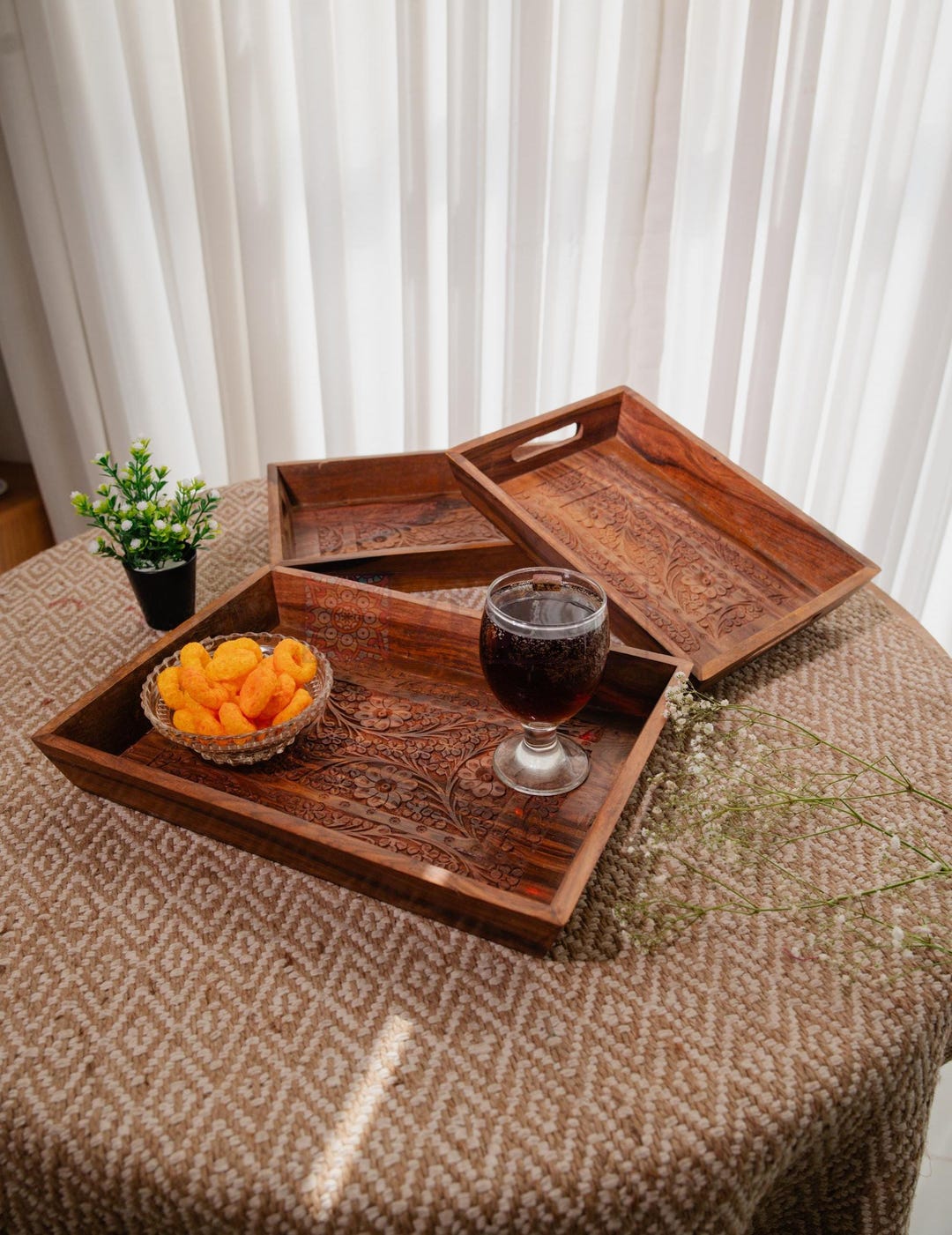Hand-carved Wooden Tray Set Rustic Floral Serving Trays for Tea Coffee ...