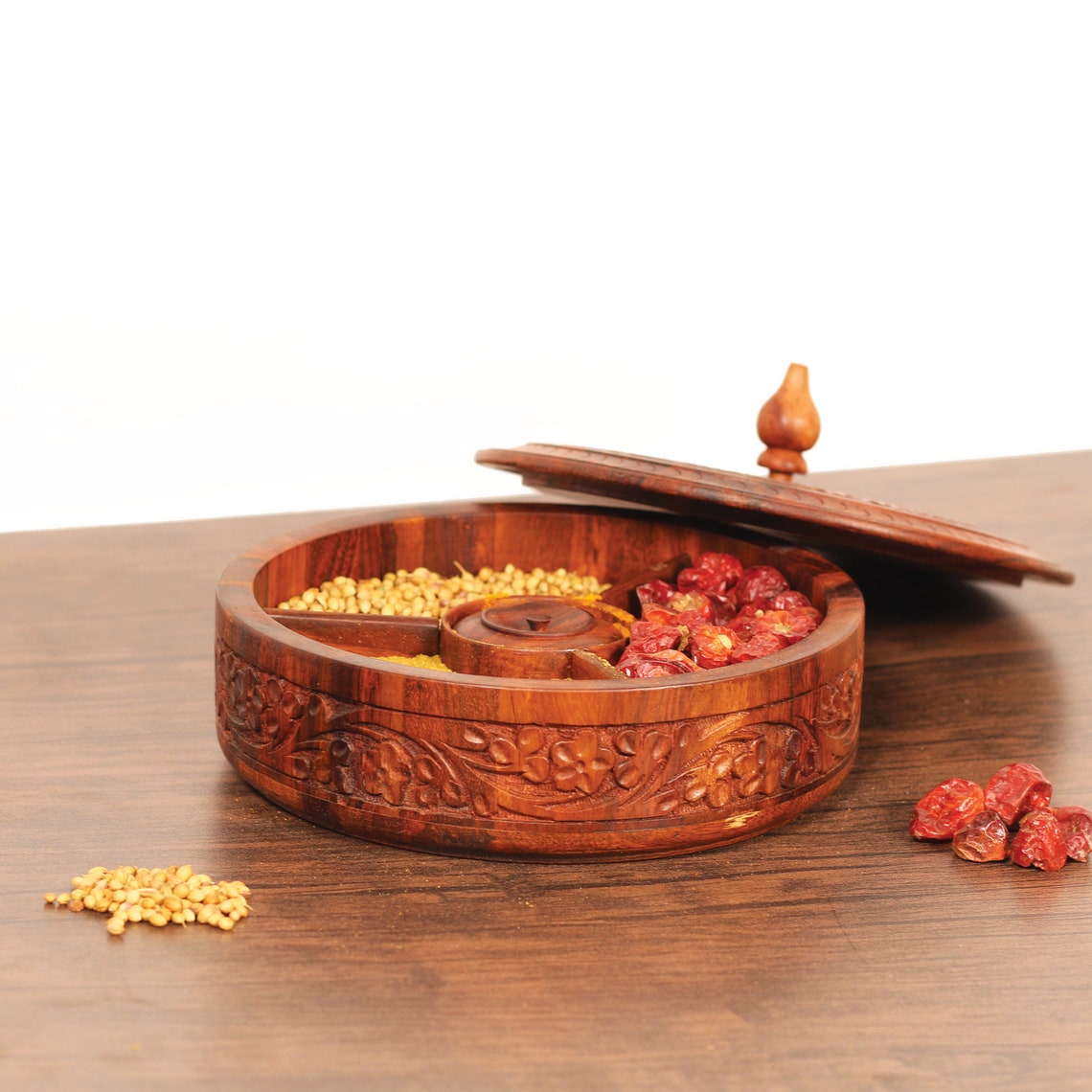 Vintage Round Spice Box Wooden Compartment Box, Kitchen Storage ...