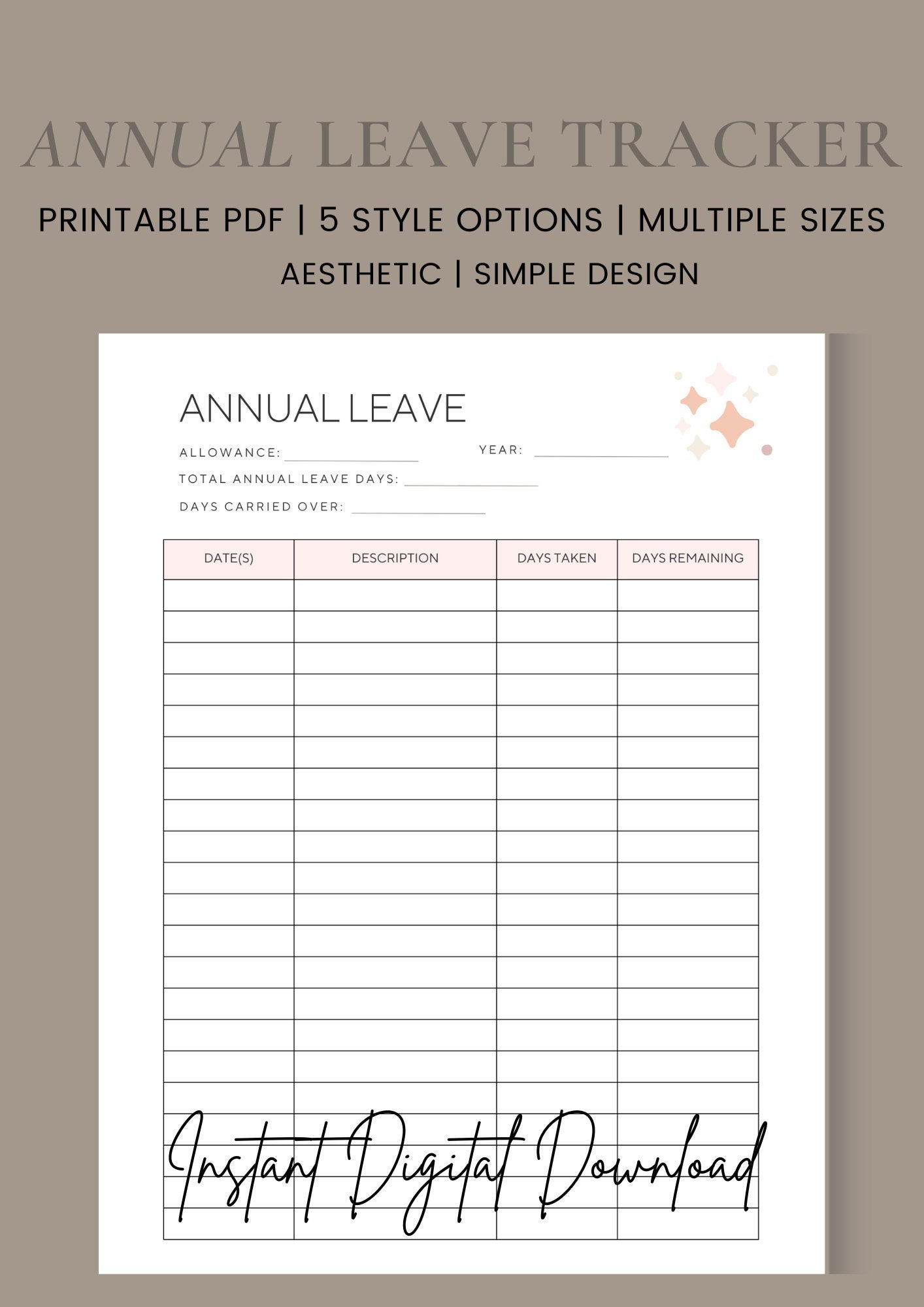 Annual Leave Tracker Printable, Simple Work Holiday Tracker, Days off ...