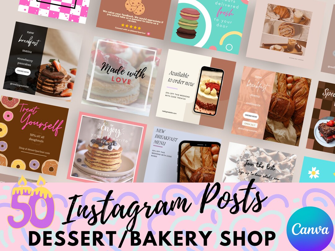 50 Dessert and Bakery Instagram Post Canva Templates Marketing Editable ...