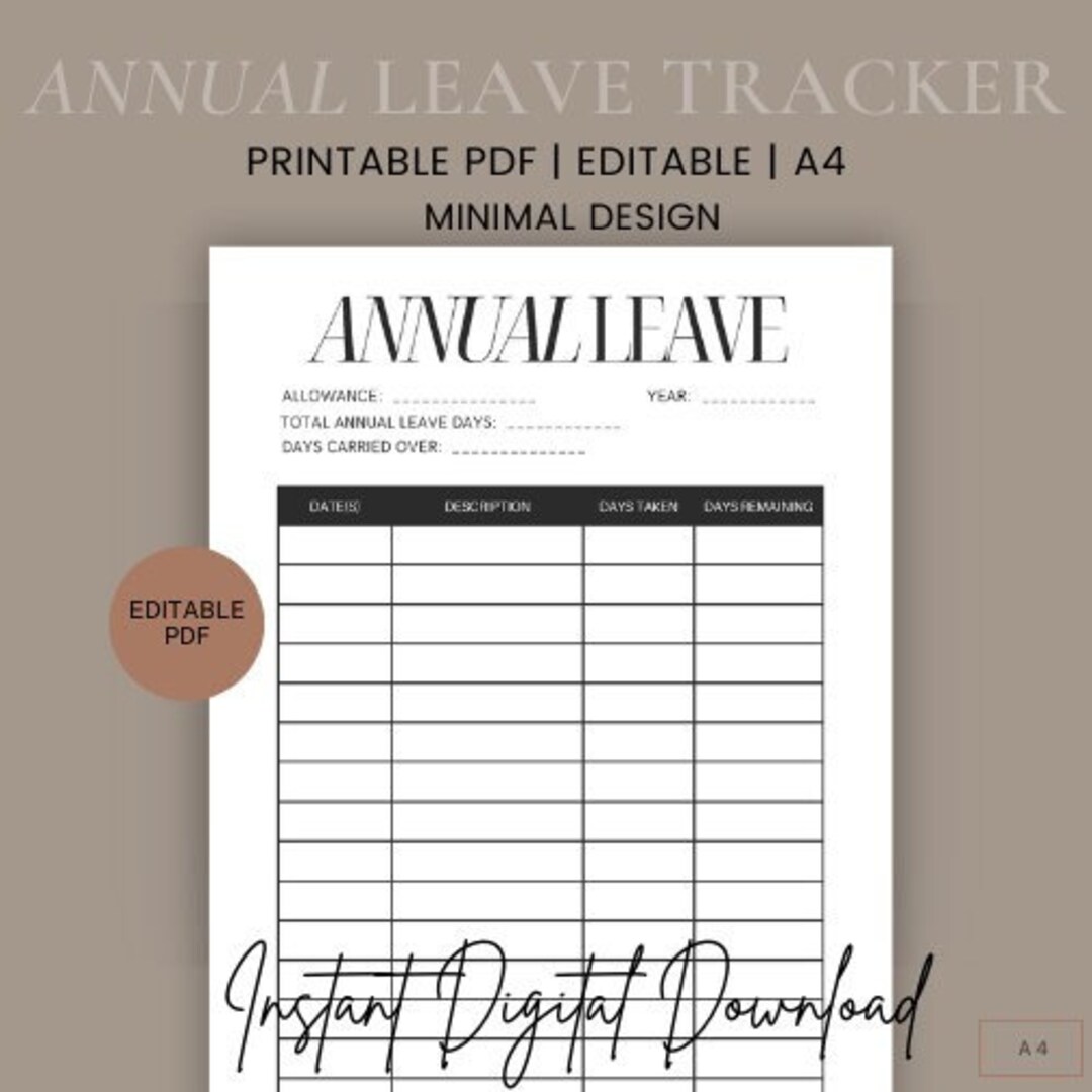 Editable Annual Leave Tracker Printable Holiday Tracker Work Leave Log ...