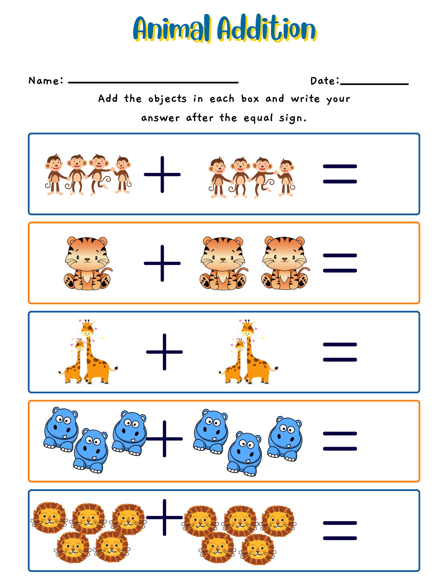 Animal Addition Worksheets-numbers up to 10 - Etsy