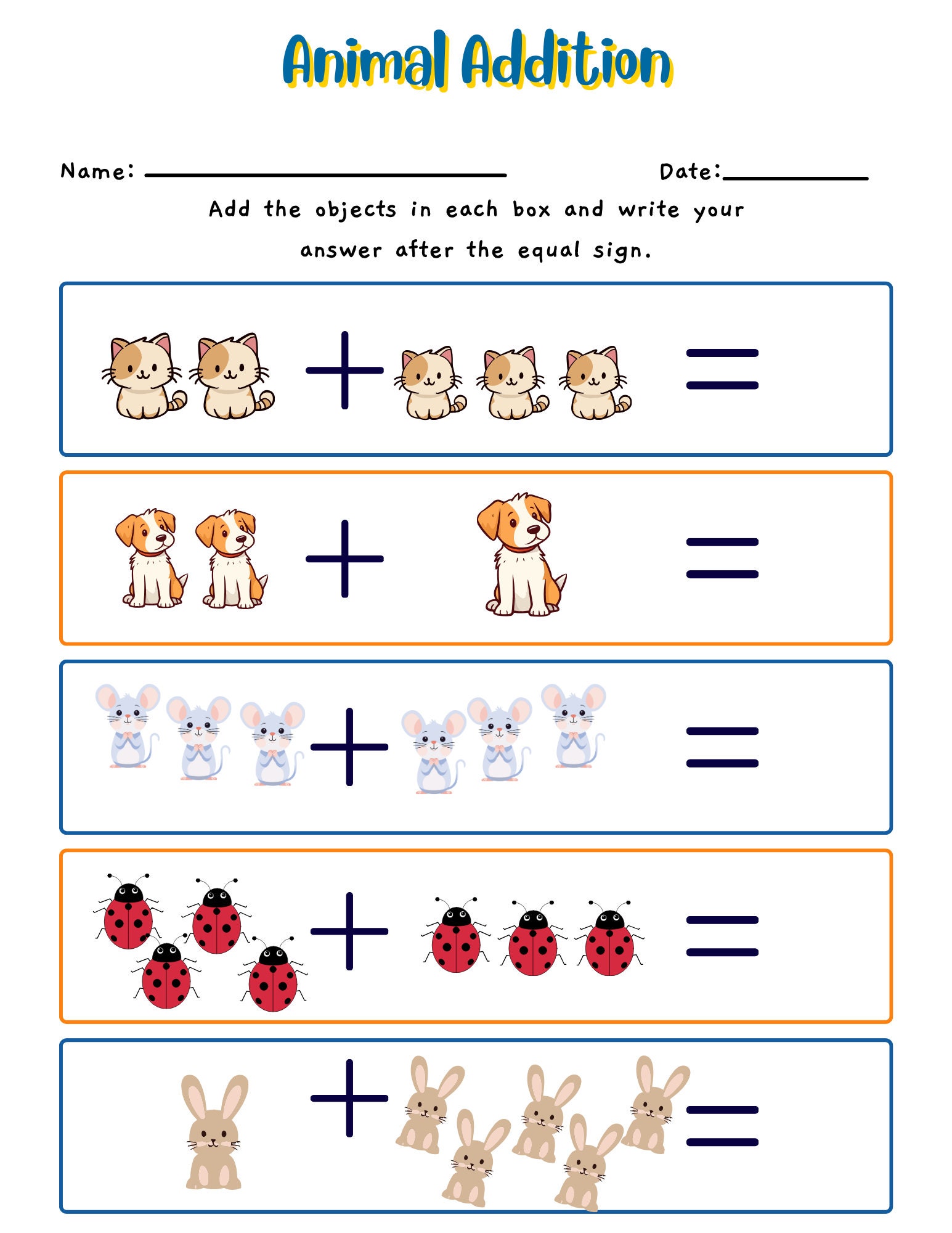 Animal Addition Worksheets-numbers up to 10 - Etsy