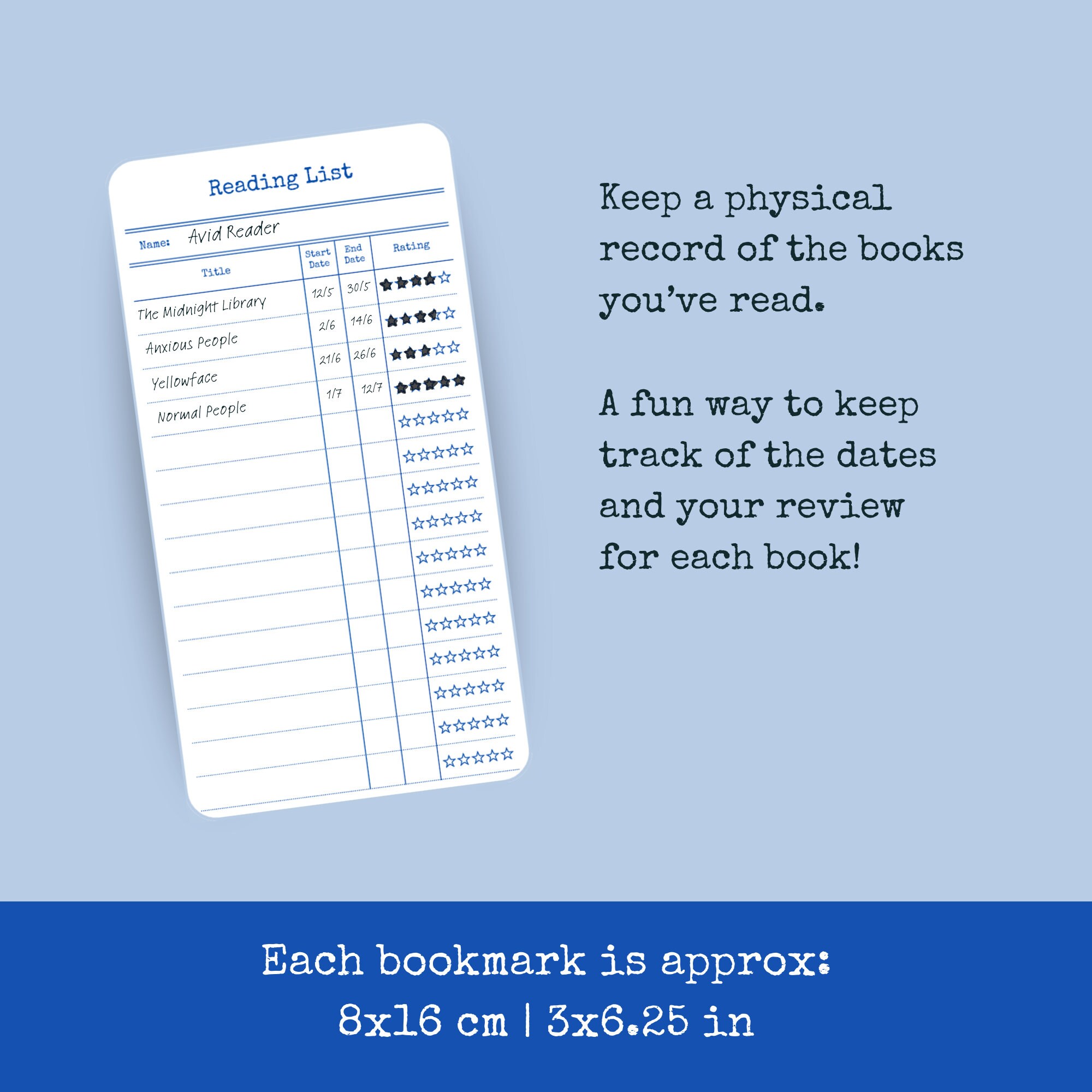 Printable Reading List Bookmark | Record Title Dates Rating | Digital ...