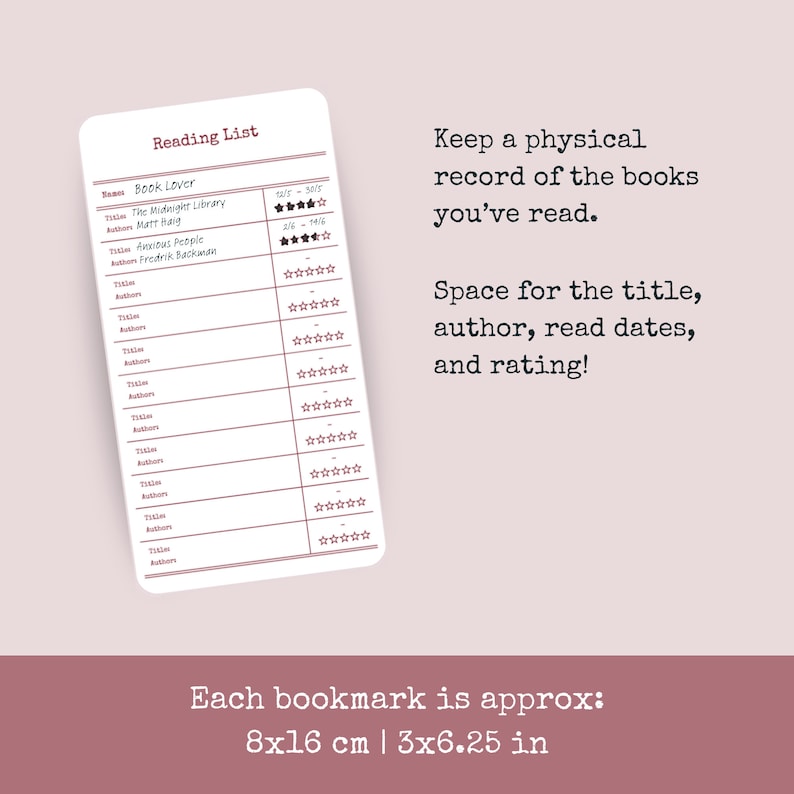 Printable Reading List Bookmark | Wider Rows for Recording Title ...
