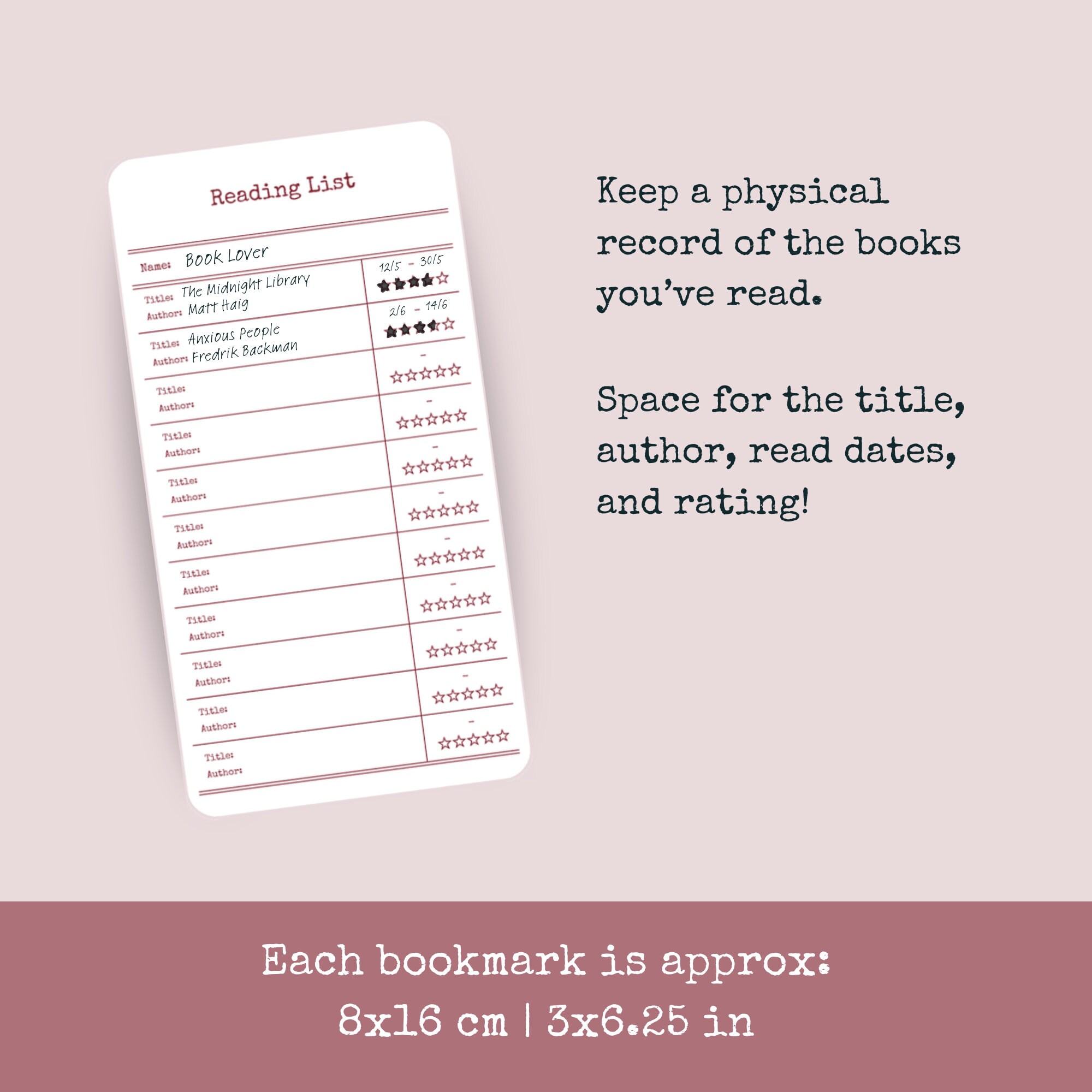 Printable Reading List Bookmark | Wider Rows for Recording Title ...
