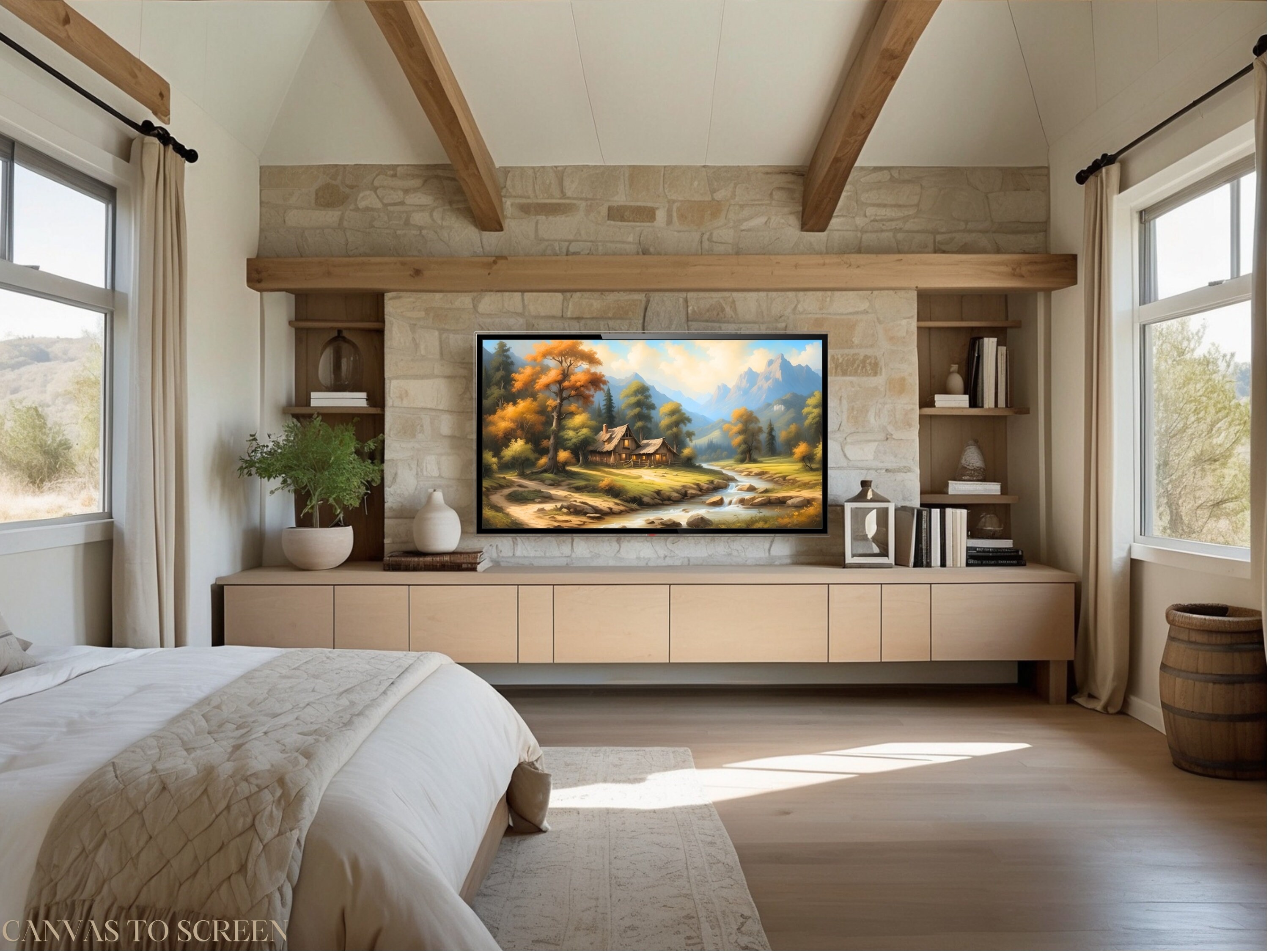 Mountain Valley Landscape Painting - Rustic Cabin Digital Art for Frame ...