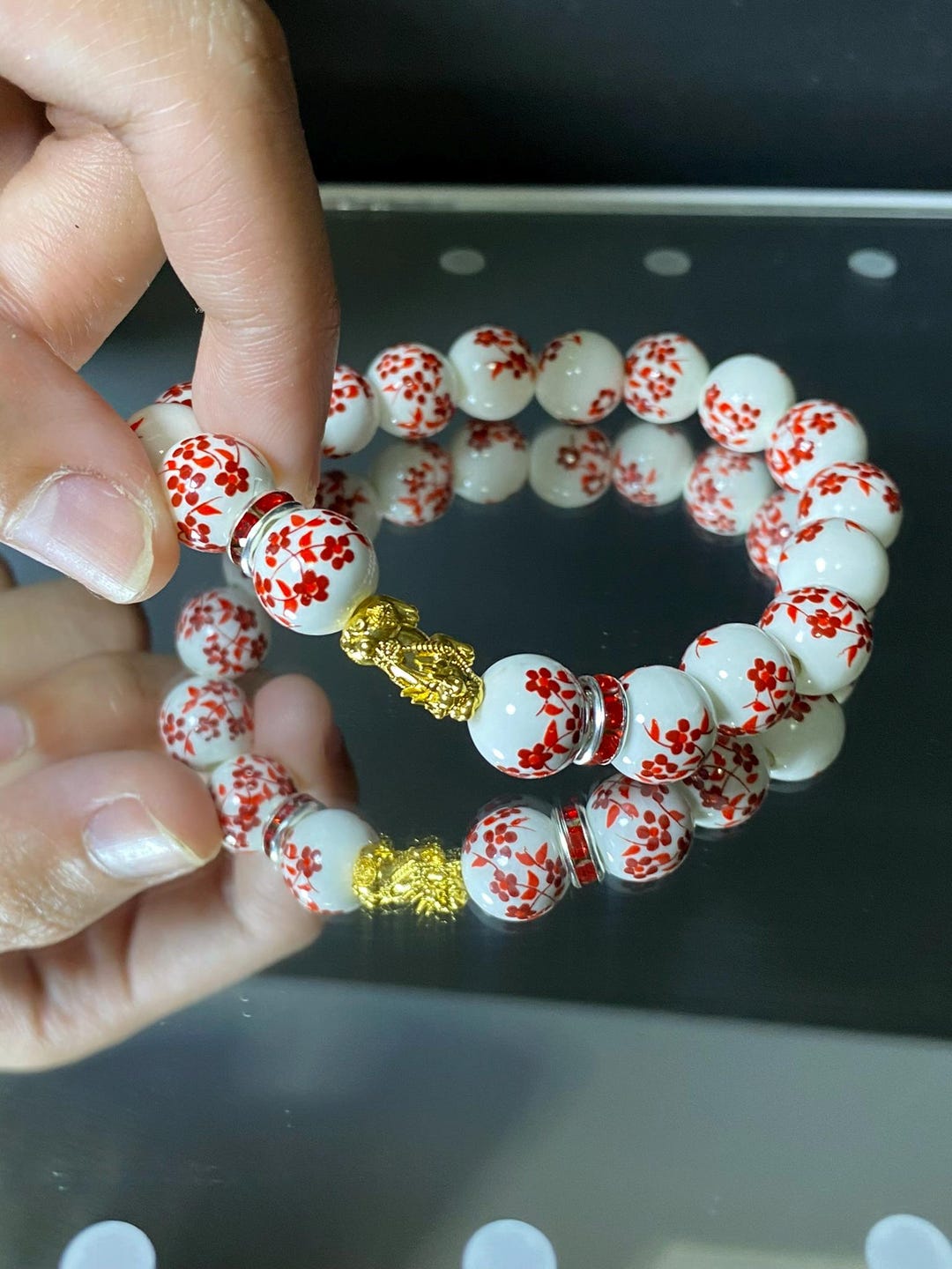 Zabel 18k Gold Small Pixiu Piyao. White Bead With Flower Design Purity ...