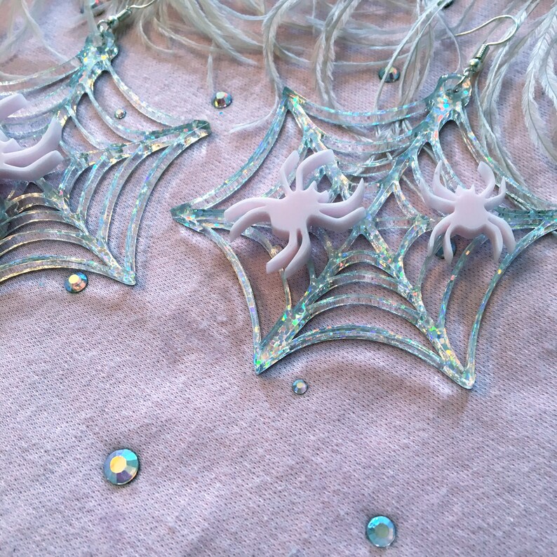 Iridescent and Pale Pink Spider Webs Acrylic Earrings - Etsy